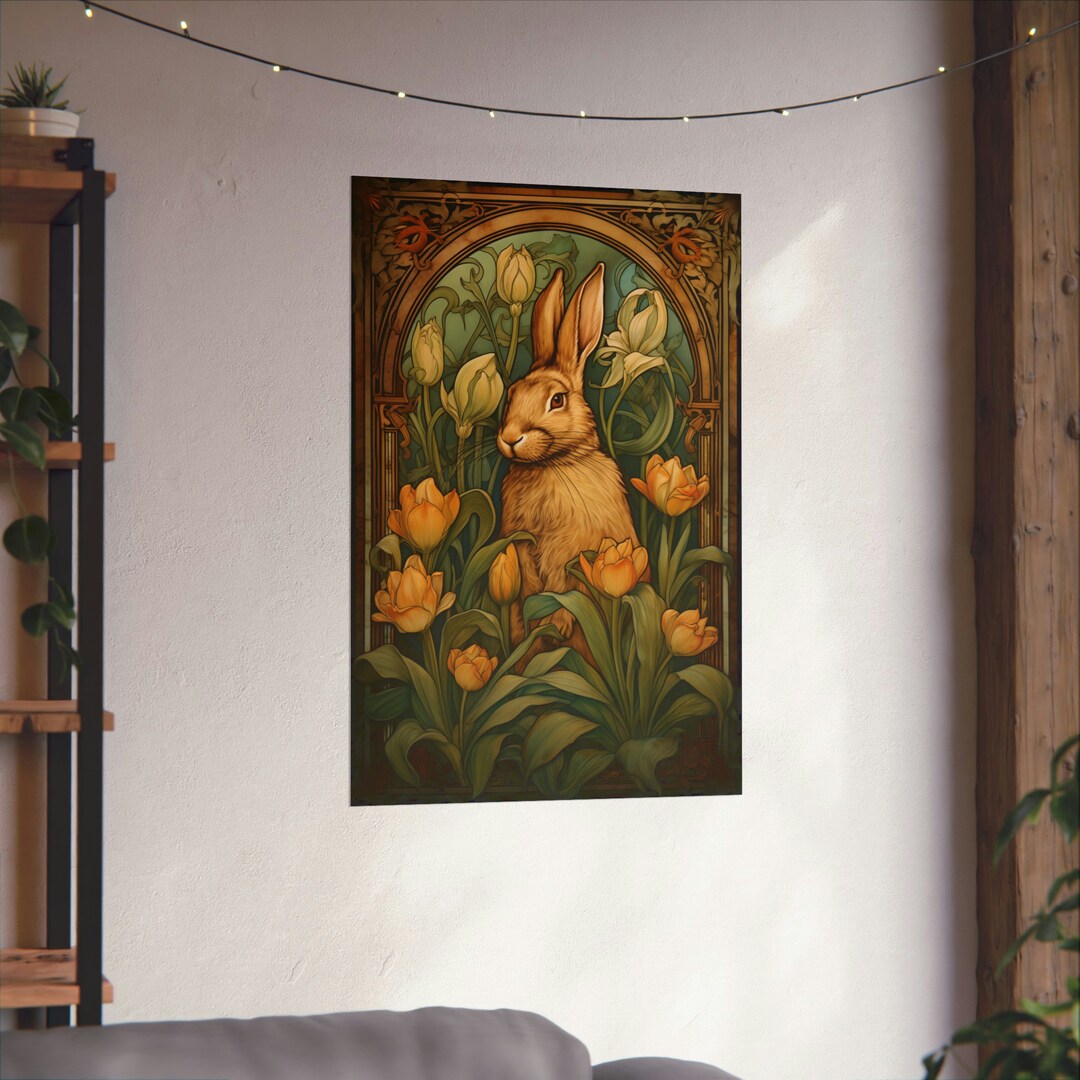 Art Nouveau Bunny Poster, Cottagecore Wall Art, Rabbit Wall Hanging ...