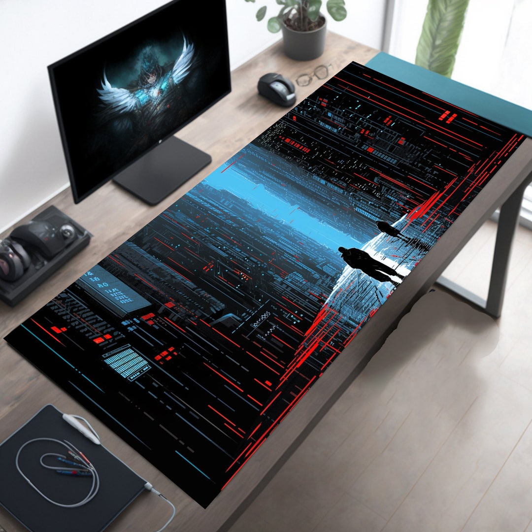 Dark Cyberpunk Desk Mat, Red & Black Mouse Pad, Dystopian Futuristic ...