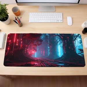 Cyberpunk Forest Gaming Desk Mat, Techno Futuristic Nature Mousepad ...