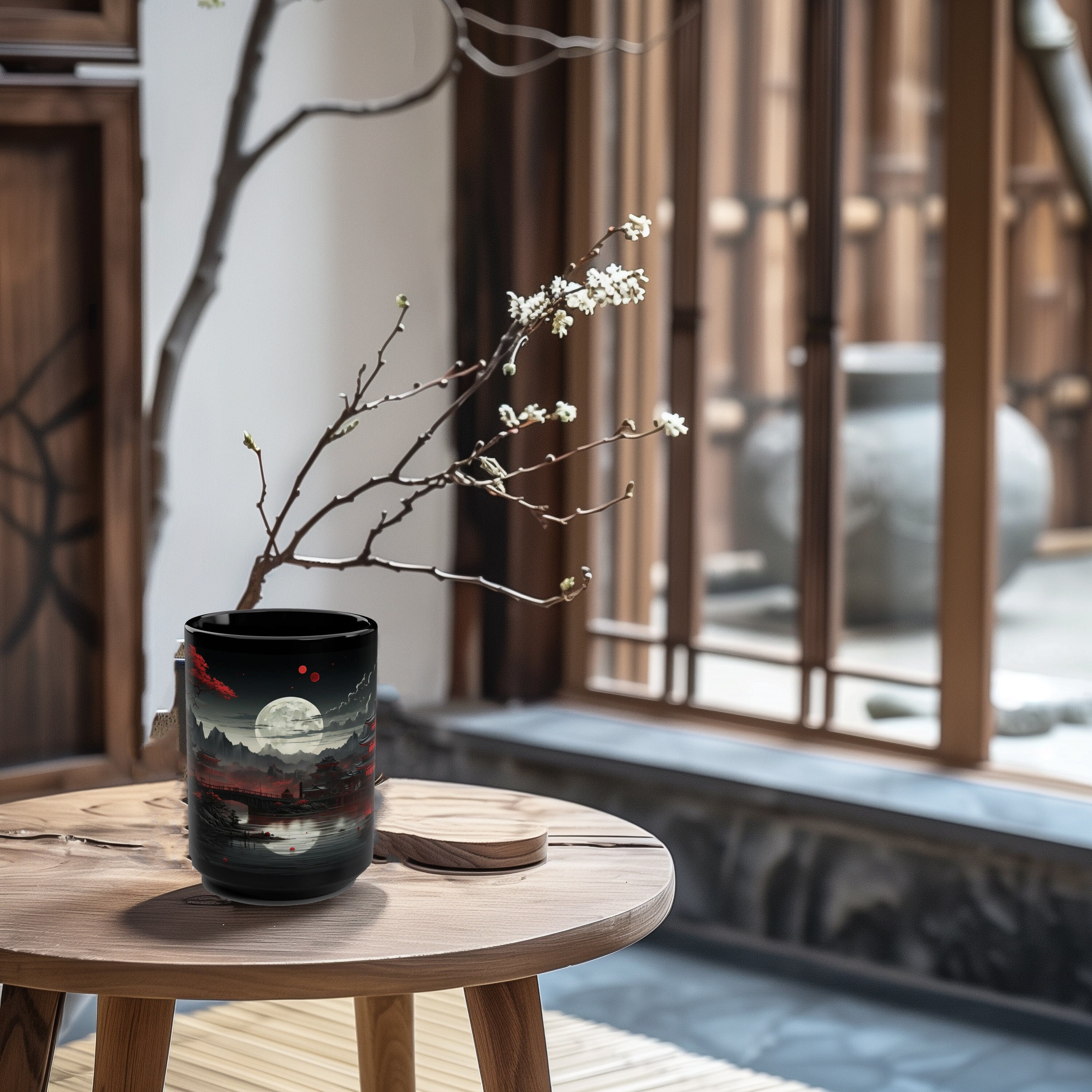 Japanese Art Mug, Traditional Japanese Black and Red Art, Full Moon ...