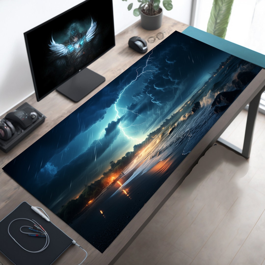 Beach Lightning Storm, Electric Art, Large Gaming Desk Mat, Extra Large ...
