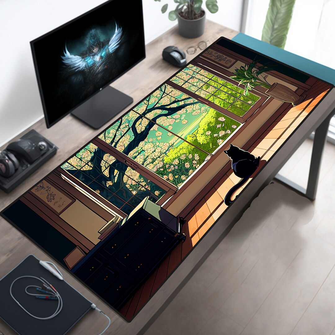 Green Desk Mat - Kawaii Cat Watching the Dogwood, Large Mouse Pad ...