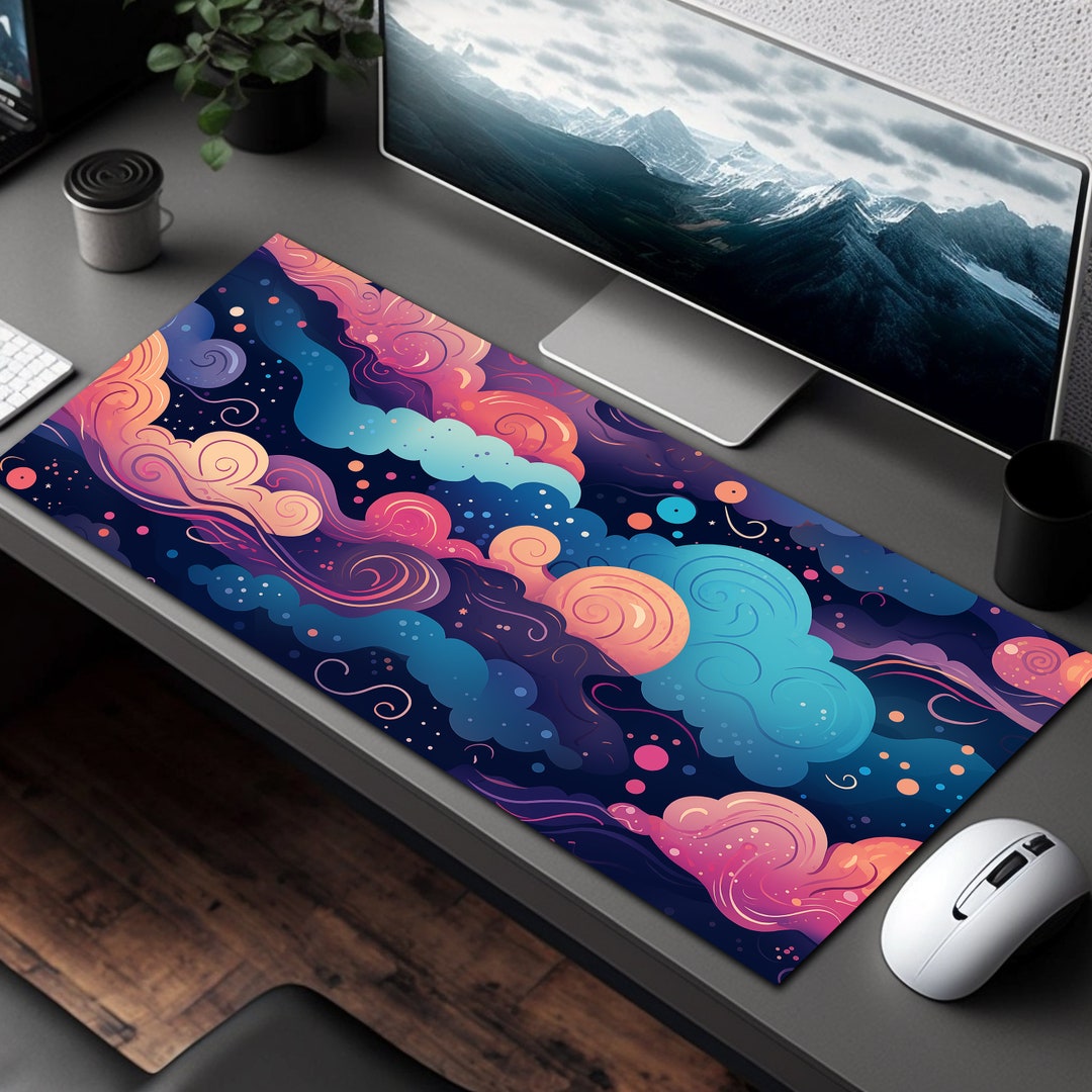 Cute Pastel Desk Mat Featuring Colorful Swirls and Clouds Against an ...