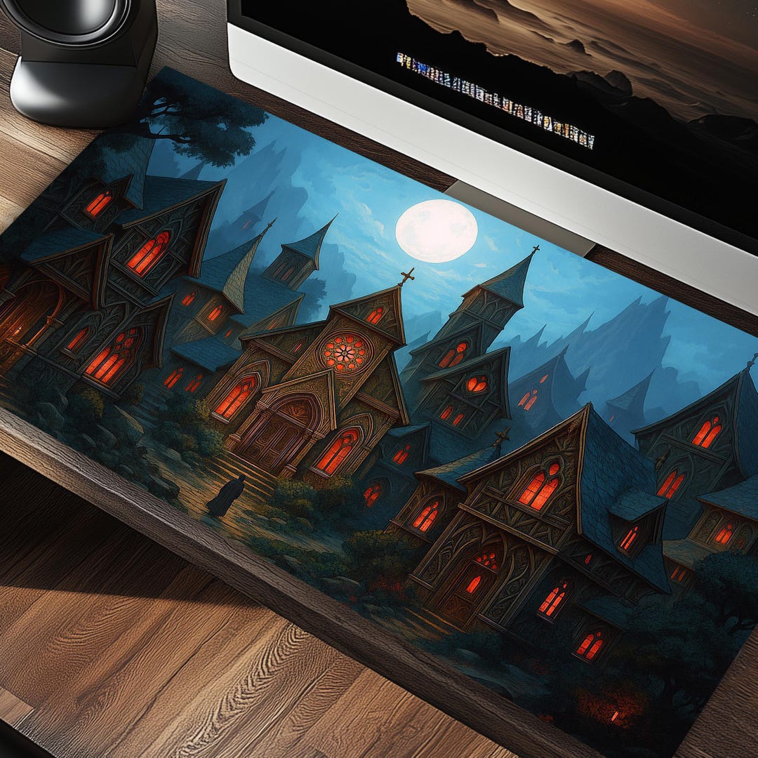 Gothic Moonlit Village Desk Mat - Enchanting Red XL Playmat - Dark ...