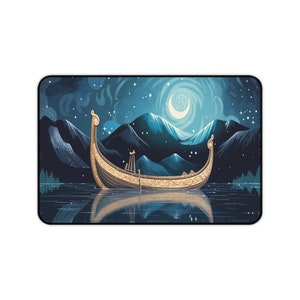 Cute Viking Longship Desk Mat, Anime Style Norse Fjord, Night Scene ...