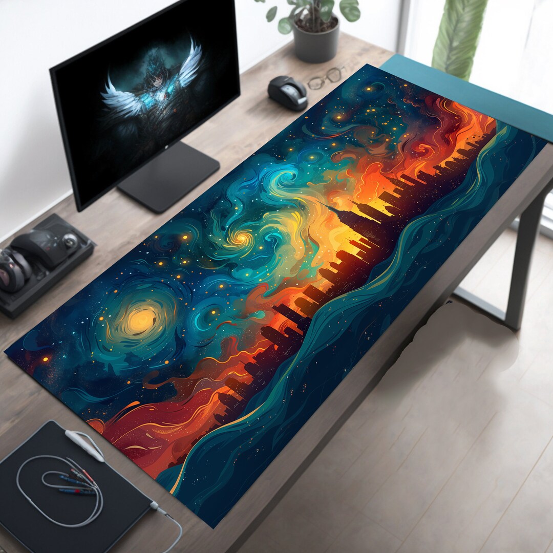 Mystic City Skyline Desk Decor, Cityscape Desk Mat, Dreamy Mousepad XL ...