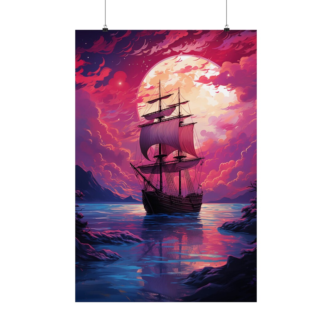 Electric Pink Pirate Ship Poster, Full Moon Sailing Poster, Pirate Ship ...