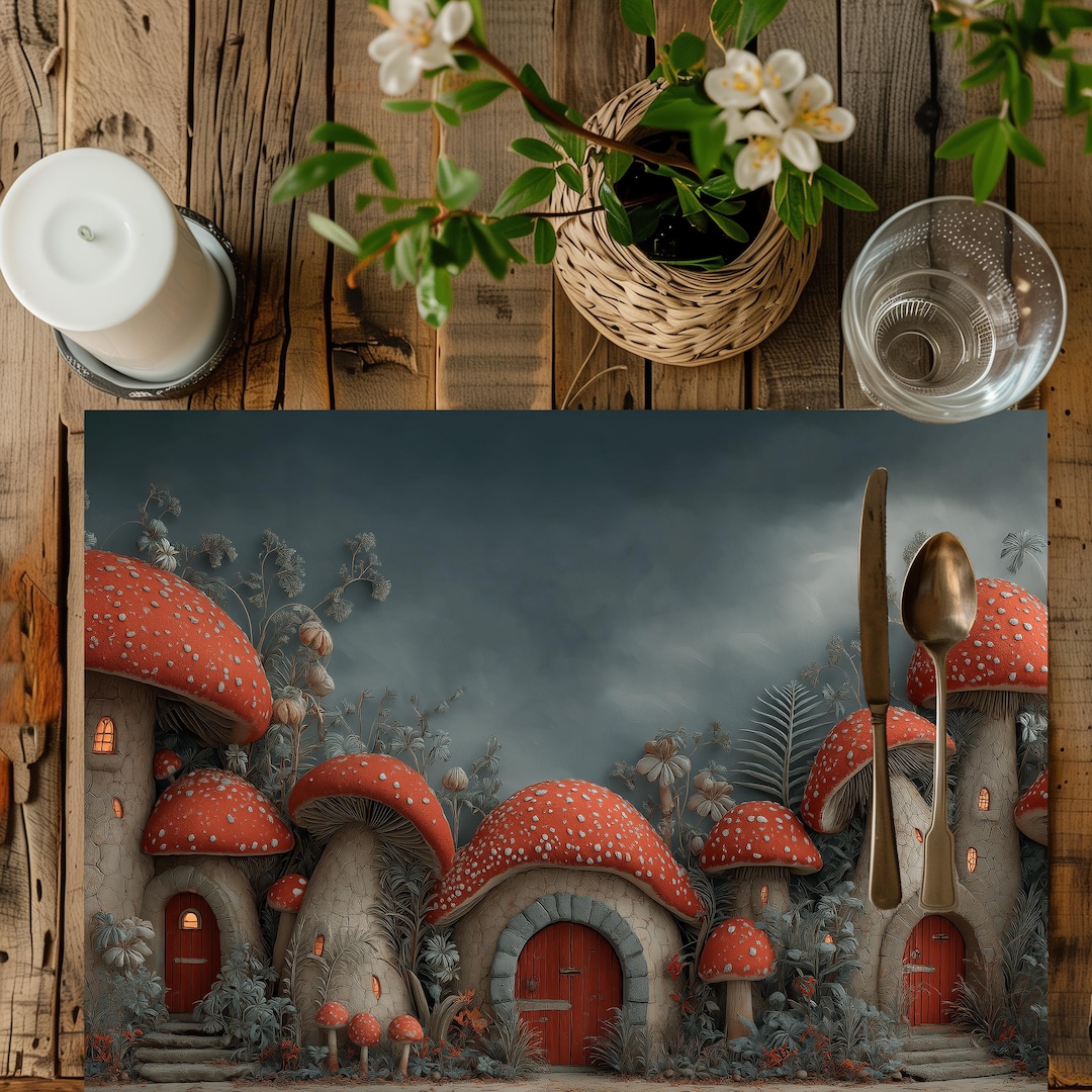 Whimsical Mushroom Village Placemat - Fairy Tale Toadstool House Table ...