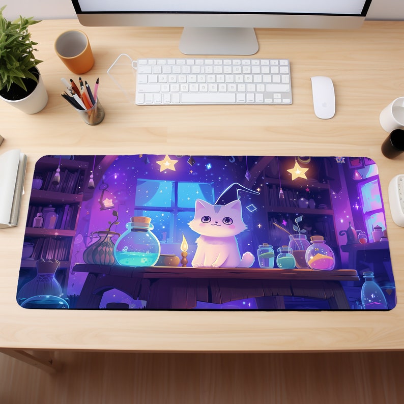 Pastel Purple Kawaii Witch Cat Desk Mat, Kawaii Mousepad XL, Kawaii ...