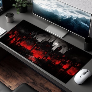 Horror Desk Decor, Gothic Town at Night, Red and Black Desk Mat ...