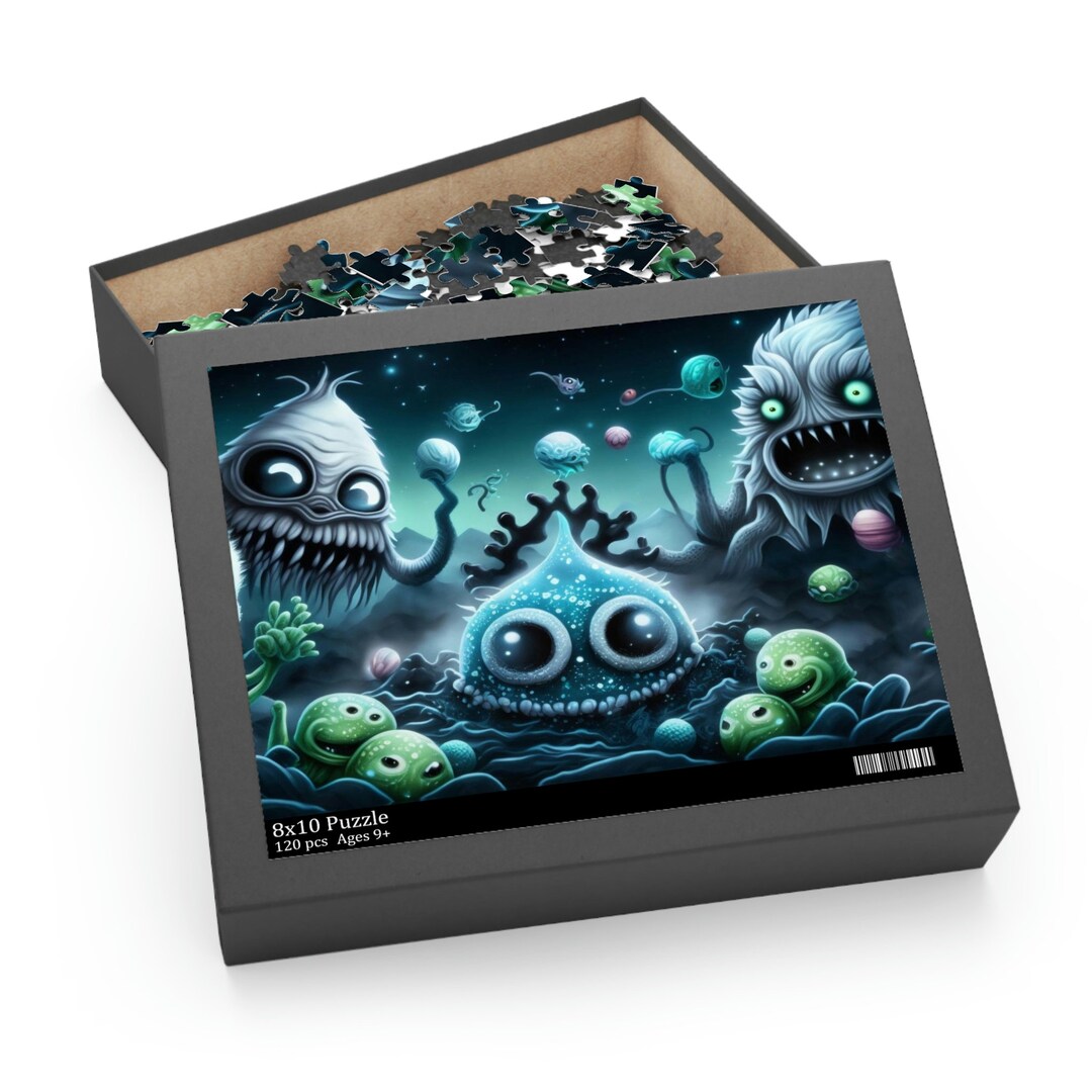 Kawaii Alien Puzzle, Cute Blue Gray Green Characters, Alien World Scene ...