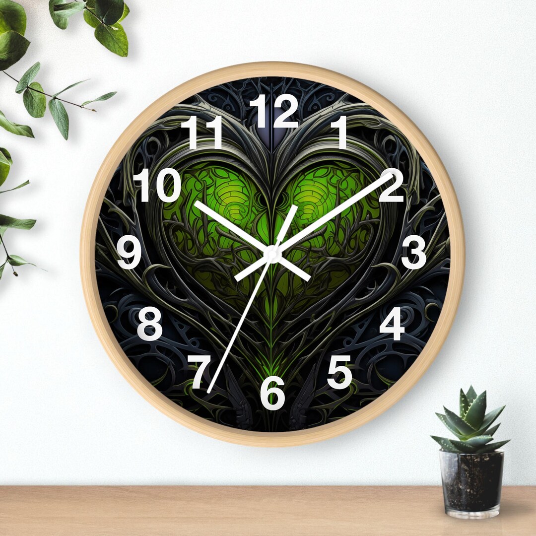 Green Gothic Heart Clock - Unique Art Print Round Wall Clock - Goth ...