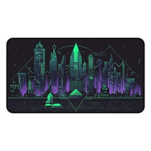Futuristic Aztec City Desk Mat - Neon Green & Purple, Modern Flat ...