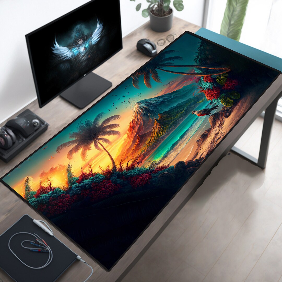 Volcanic Island Desk Mat Cute, Tropical XL Mouse Pad, Large Desk Mat ...