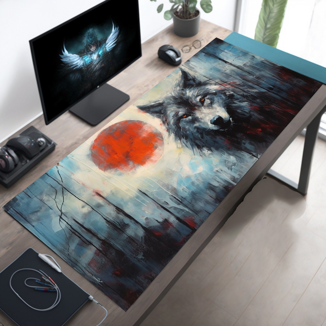Abstract Viking Wolf Desk Mat, Gray & Blue, Red Moon Art, Mystical ...