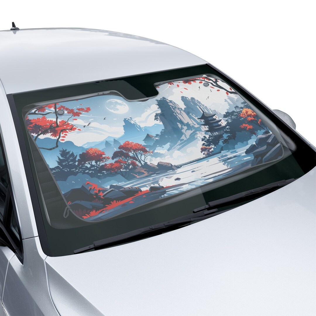 Blue Anime Japanese Valley and Temple Car Sun Shade, Japan Car ...