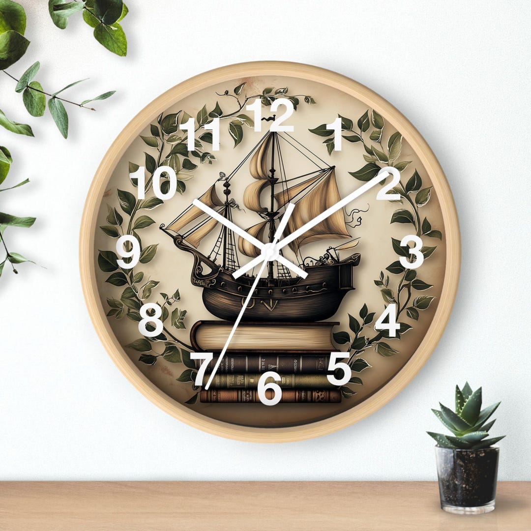 Bookish Pirate Ship 10" Round Wall Clock - Wood Case, Analog Clock for ...