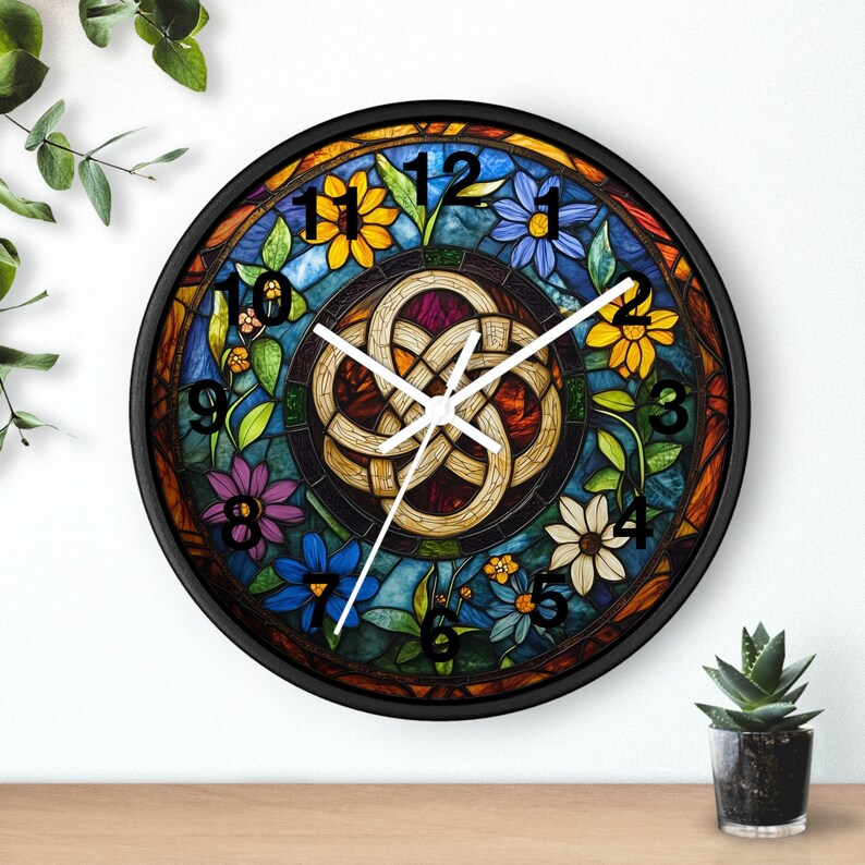 Round Wall Clock Featuring Celtic Knot and Wildflowers in the Style of ...