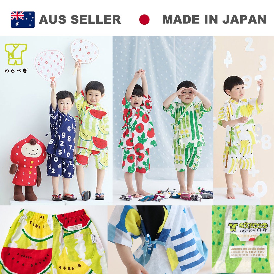Kids Cotton Jinbei Set - Fruits - Japanese Hand Print Pattern, Made in ...