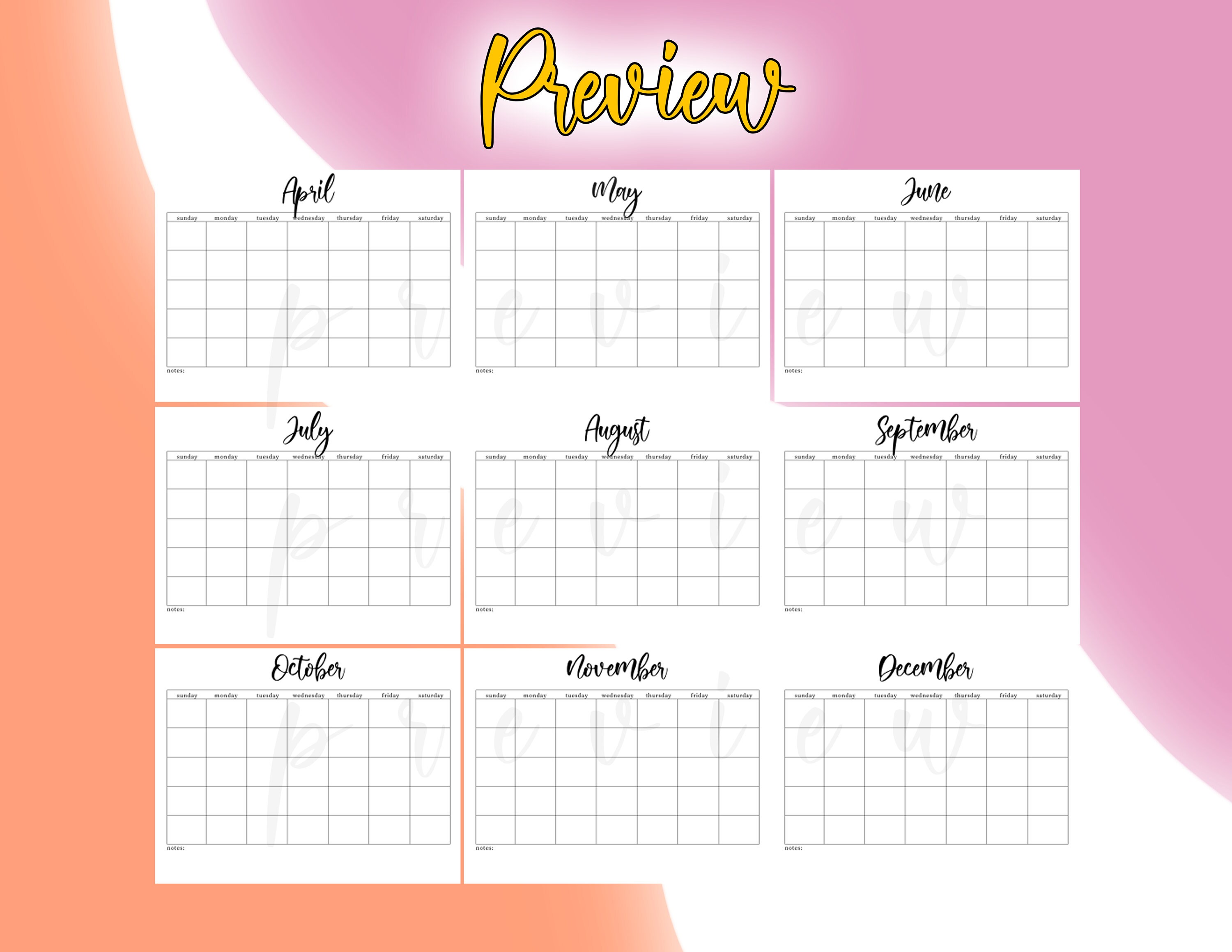 Blank 12 Month Calendar, Minimalist Calendar Printable, Calendar ...