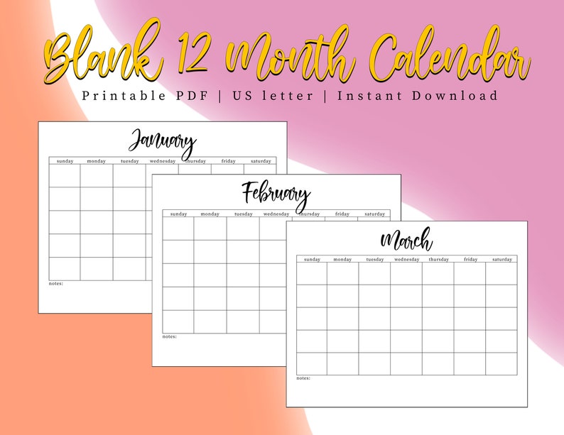 Blank 12 Month Calendar, Minimalist Calendar Printable, Calendar ...
