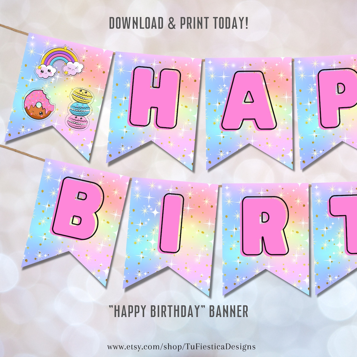 Cute Kawaii Happy Birthday Banner A-Z Flags Letters & Numbers Birthday ...