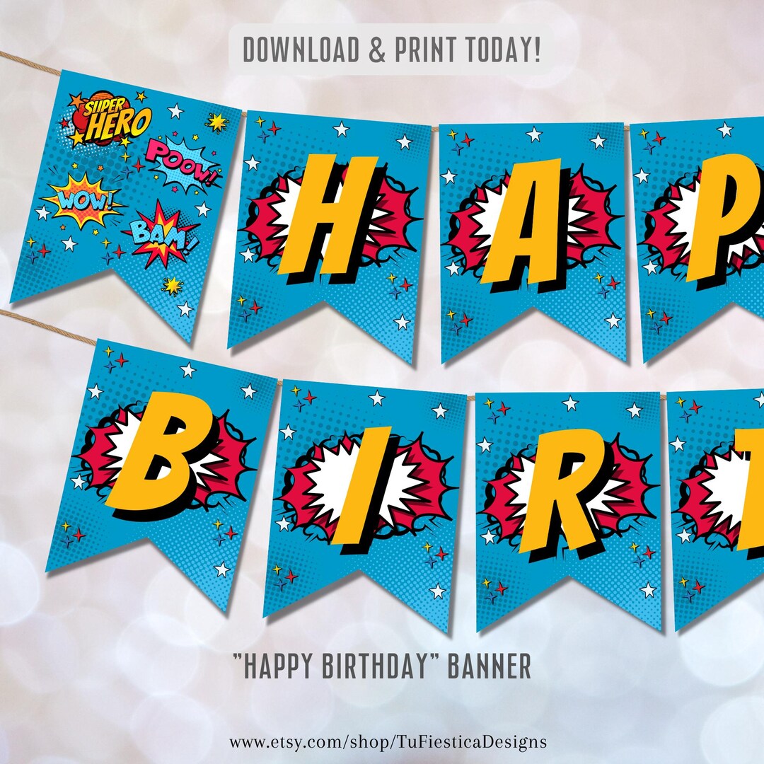 Superhero Comic Birthday Banner Printable | Party Decor | Editable ...