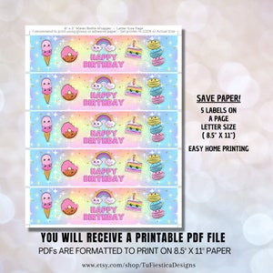 Cute Kawaii Water Bottle Labels Girls Birthday Party Pink Donut Decor ...
