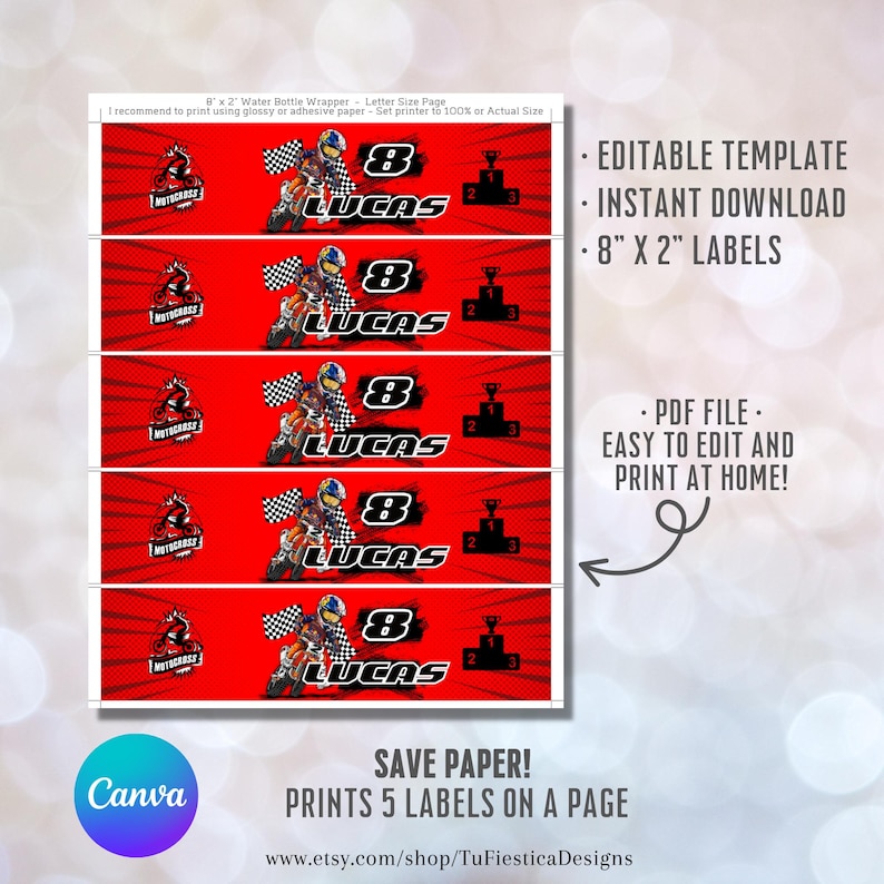 Editable Motocross Water Bottle Labels | Dirt Bike Birthday Party Decor ...