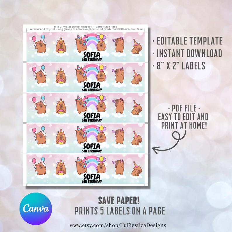 Editable Capybara Water Bottle Labels | Carpincho Birthday Party Decor ...