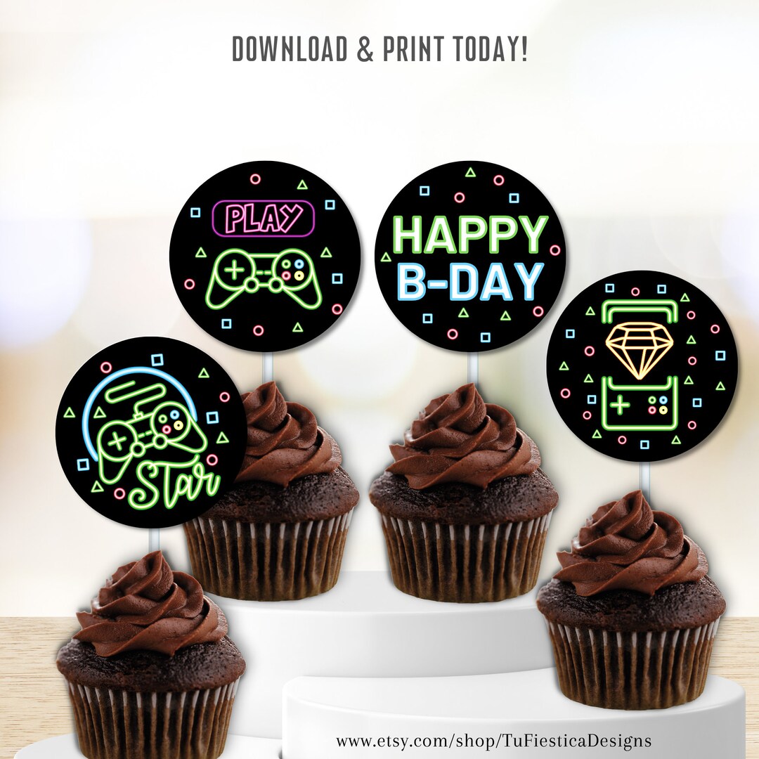 Neon Gamer Cupcake Toppers Boys Birthday Party Gaming Party Decor Glow ...