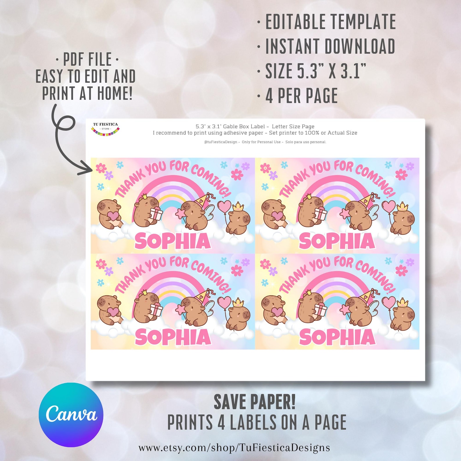 Editable Capybara Gable Box Favor Label | Carpincho Birthday Party ...