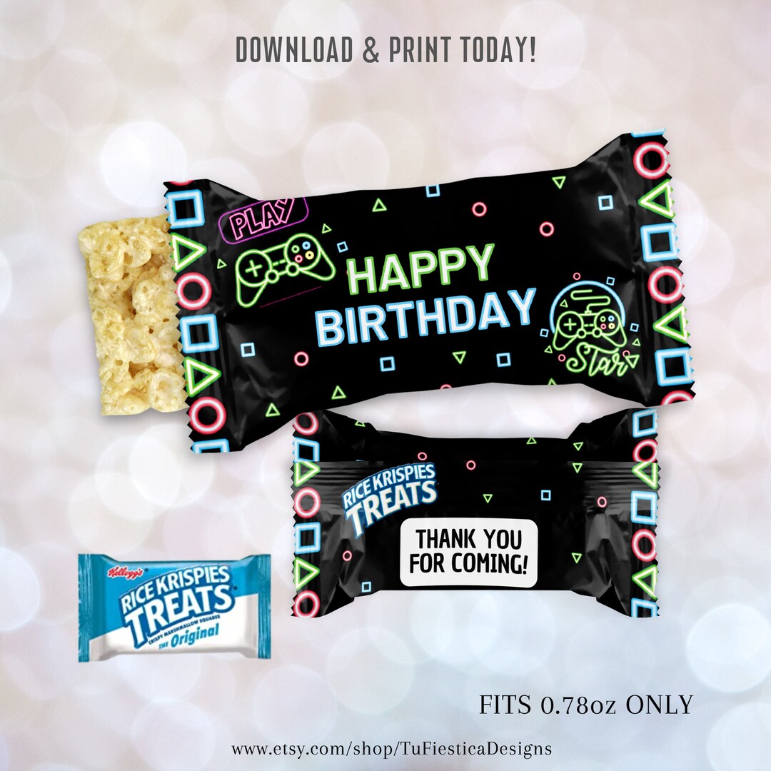 Neon Gamer Rice Krispies Wrapper Favor Treat Gaming Birthday Party Glow ...