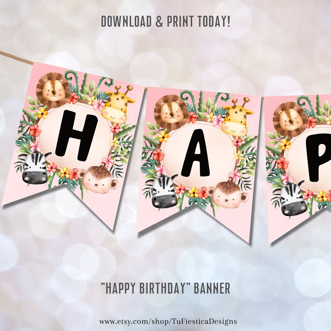 Safari Animals Happy Birthday Banner A-Z Flags Letters & Numbers ...