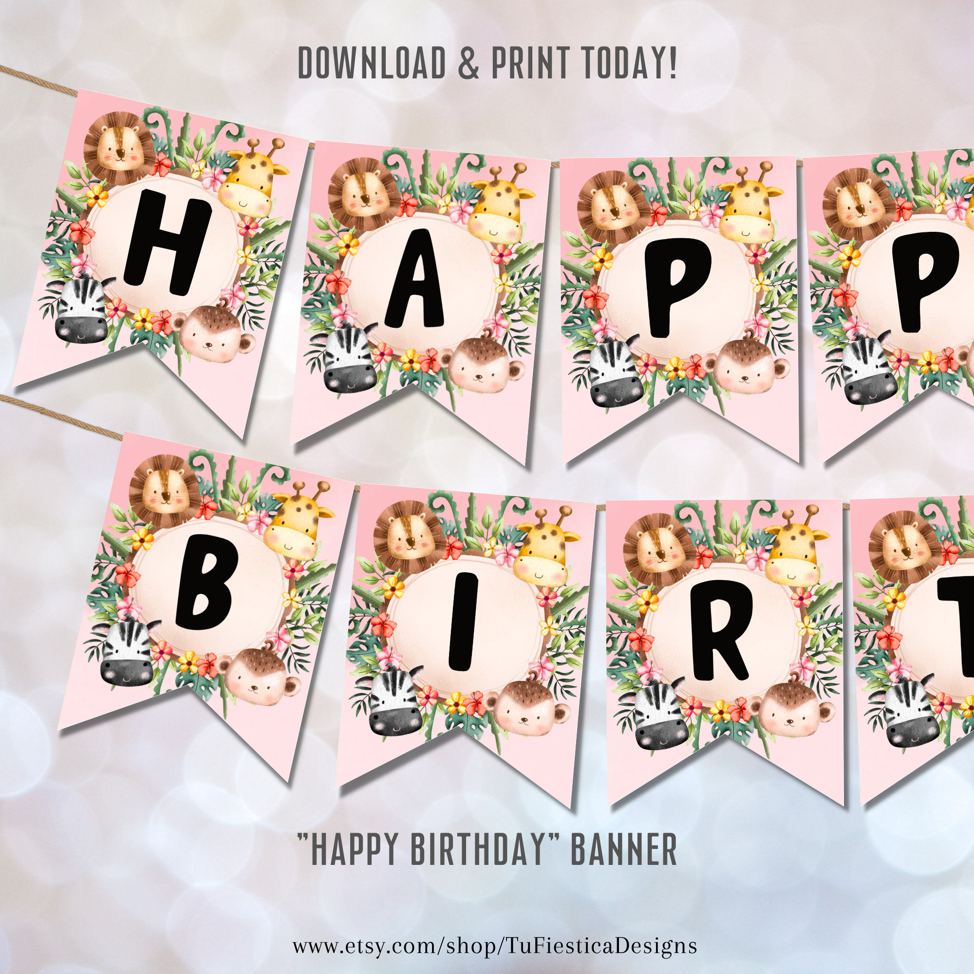 Safari Animals Happy Birthday Banner A-Z Flags Letters & Numbers ...