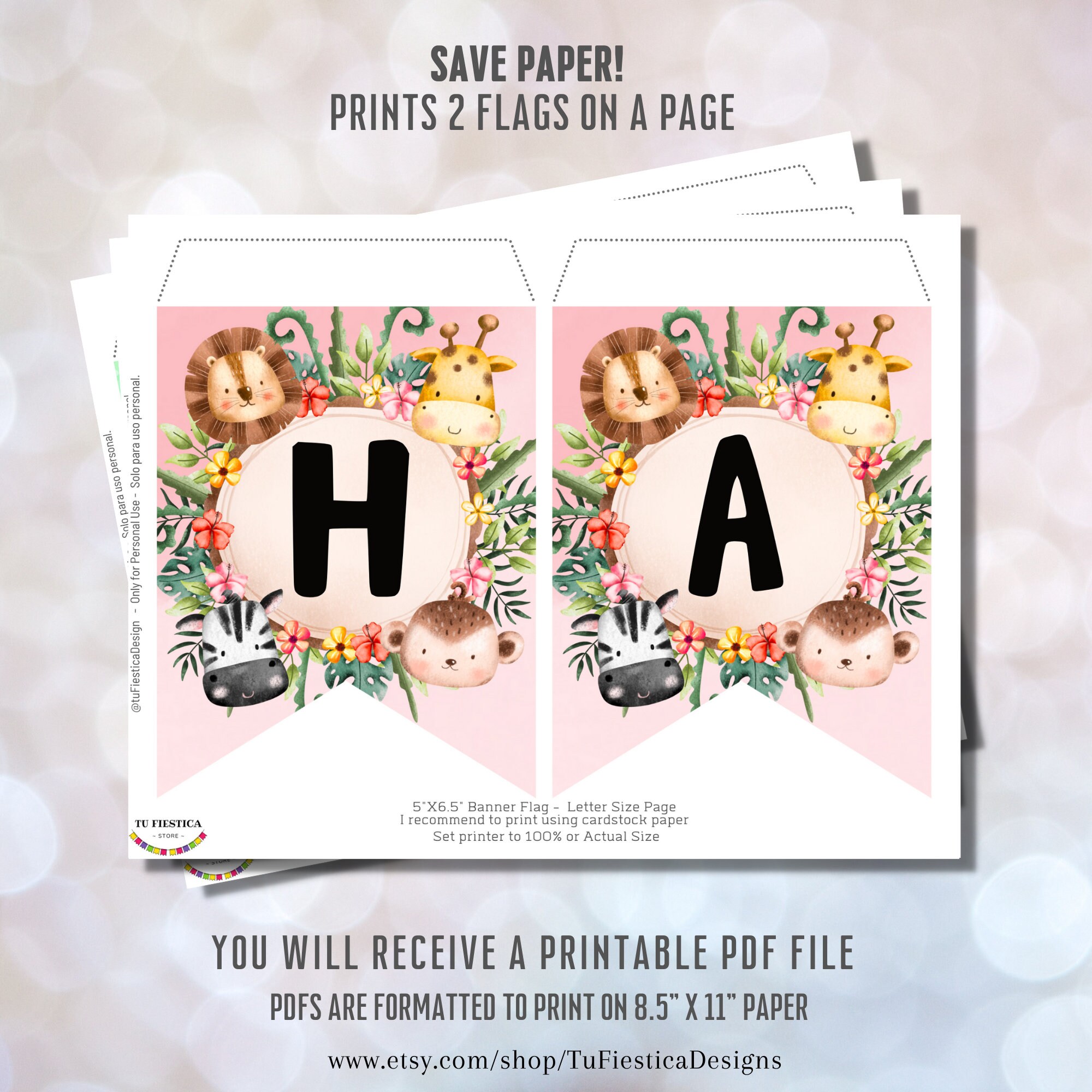 Safari Animals Happy Birthday Banner A-Z Flags Letters & Numbers ...