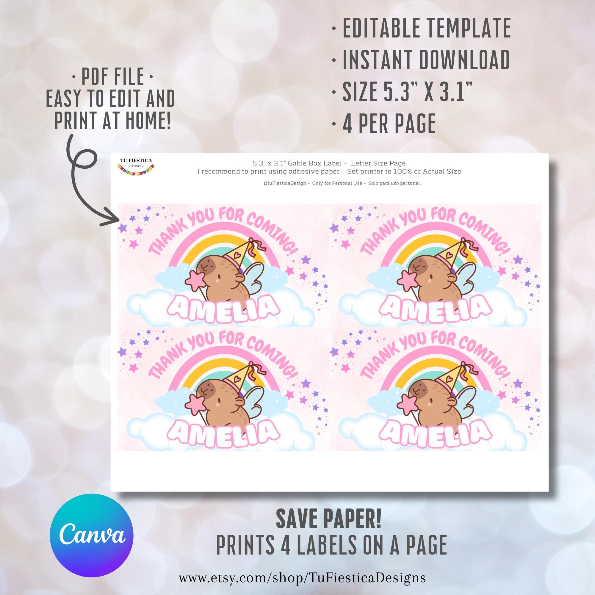 Editable Capybara Gable Box Favor Label | Carpincho Birthday Party ...