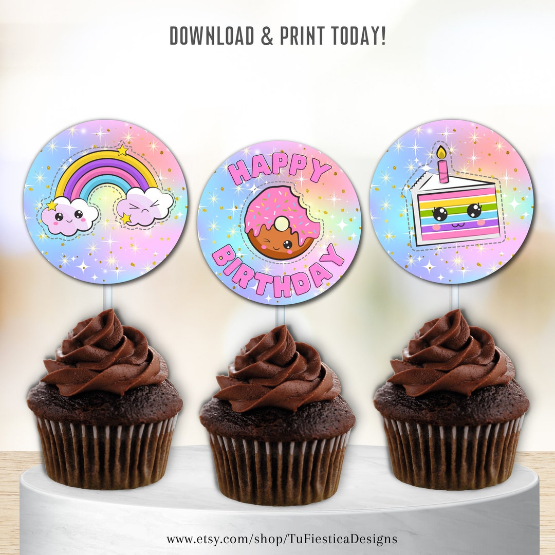 Cute Kawaii Cupcake Toppers Happy Birthday Party Cake Decorations Pink ...