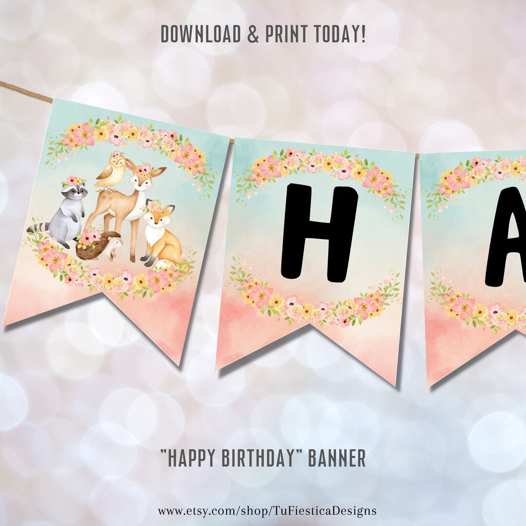 Woodland Animals Happy Birthday Banner A-Z Flags Letters & - Etsy