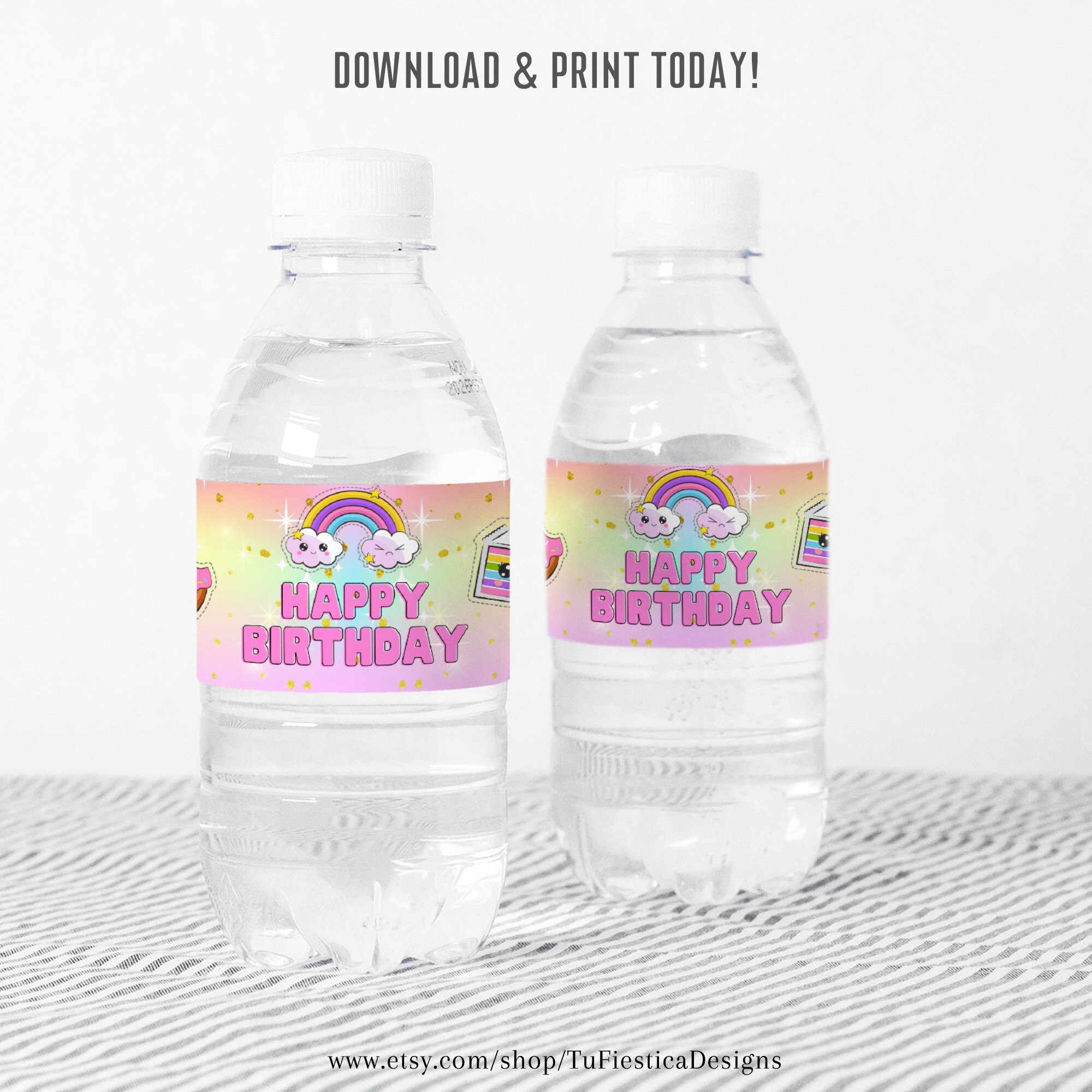 Cute Kawaii Water Bottle Labels Girls Birthday Party Pink Donut Decor ...