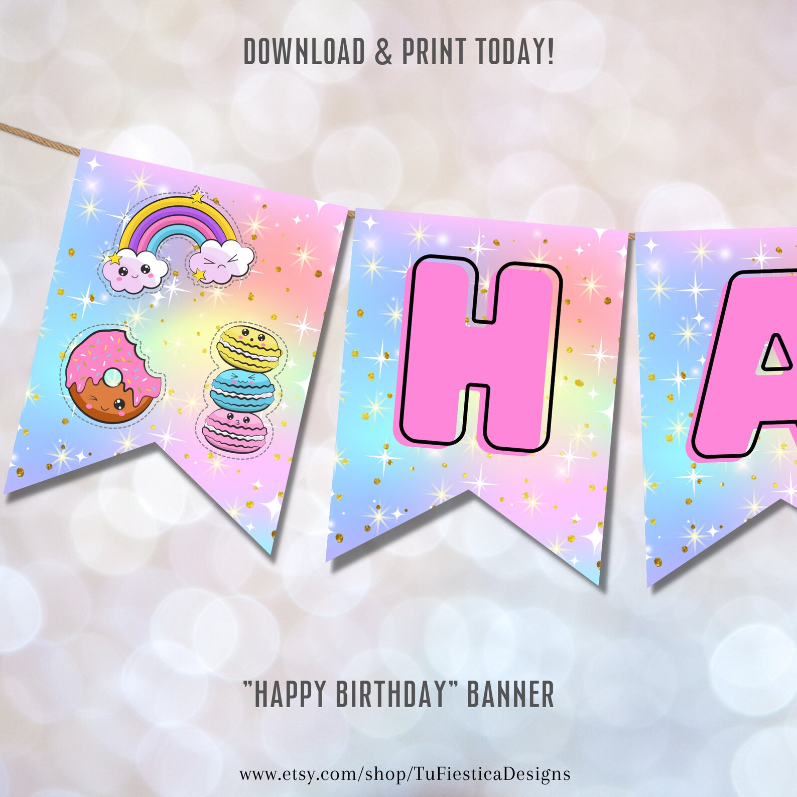 Cute Kawaii Happy Birthday Banner A-Z Flags Letters & Numbers Birthday ...