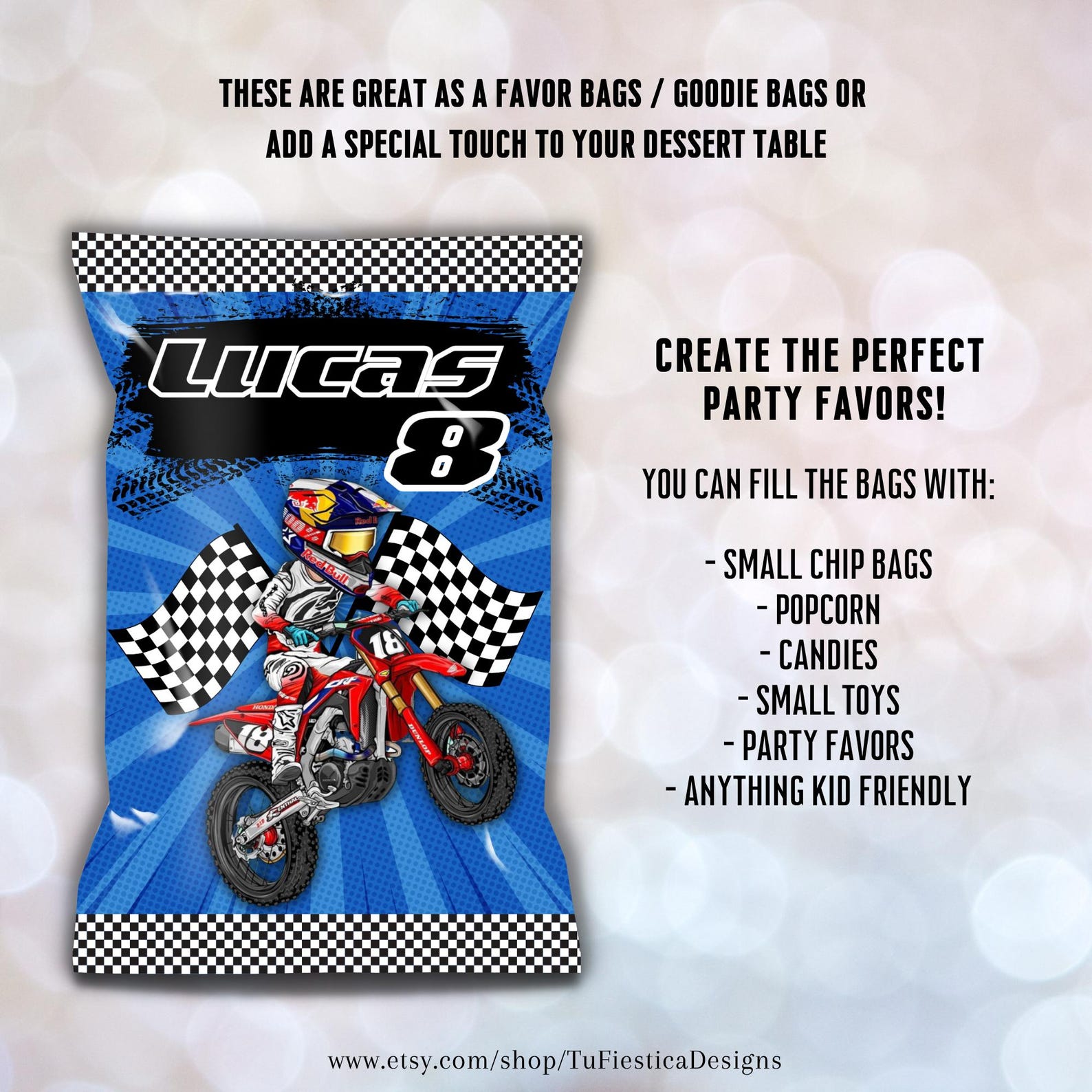 Motocross Chip Bag Wrapper | Dirt Bike Party Favor | Personalized Name ...