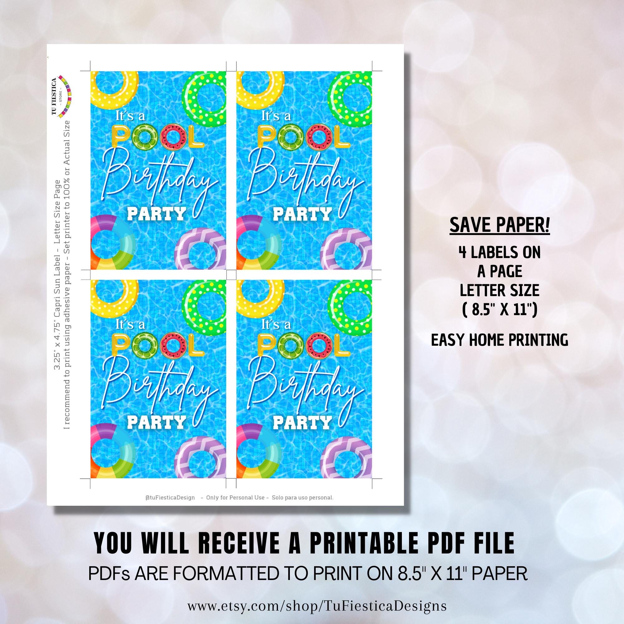 Pool Party Capri Sun Labels Juice Pouch Birthday Party Pool Party Kids ...