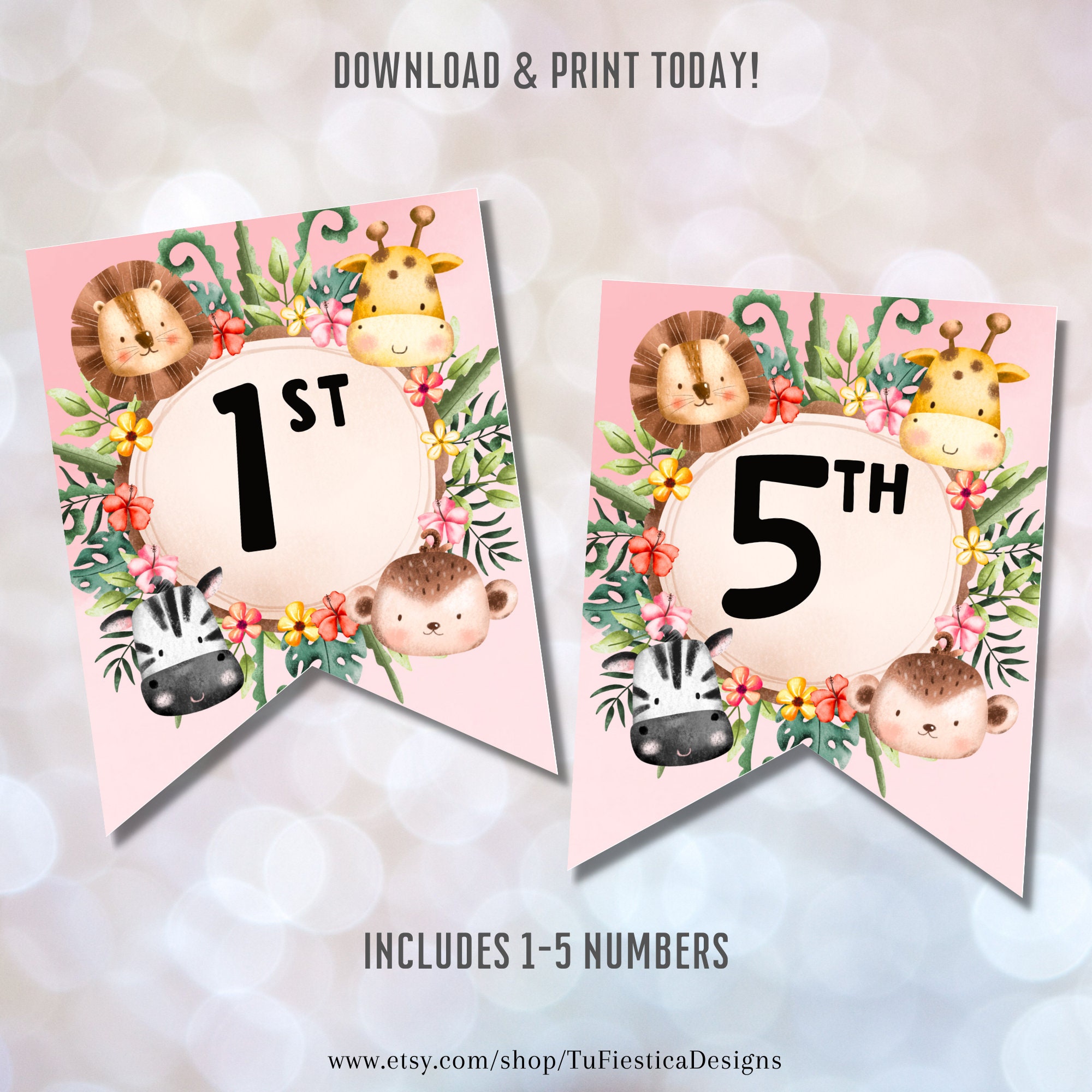 Safari Animals Happy Birthday Banner A-Z Flags Letters & Numbers ...