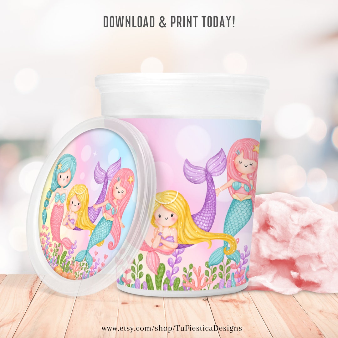 Mermaid Cotton Candy Tub Label Plastic Container Birthday - Etsy