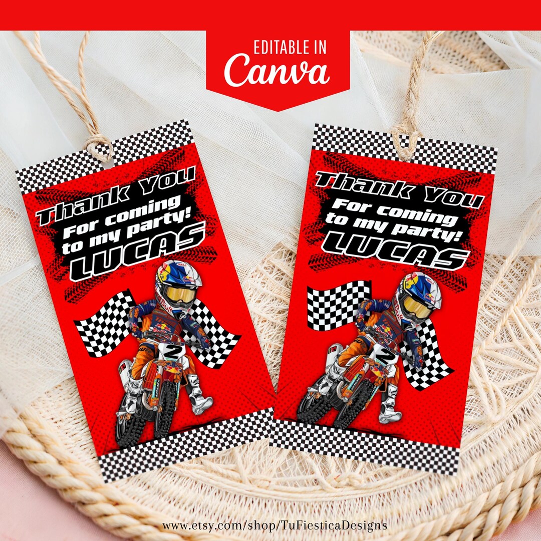 Editable Motocross Thank You Treat Bag Tags | Dirt Bike Birthday Party ...