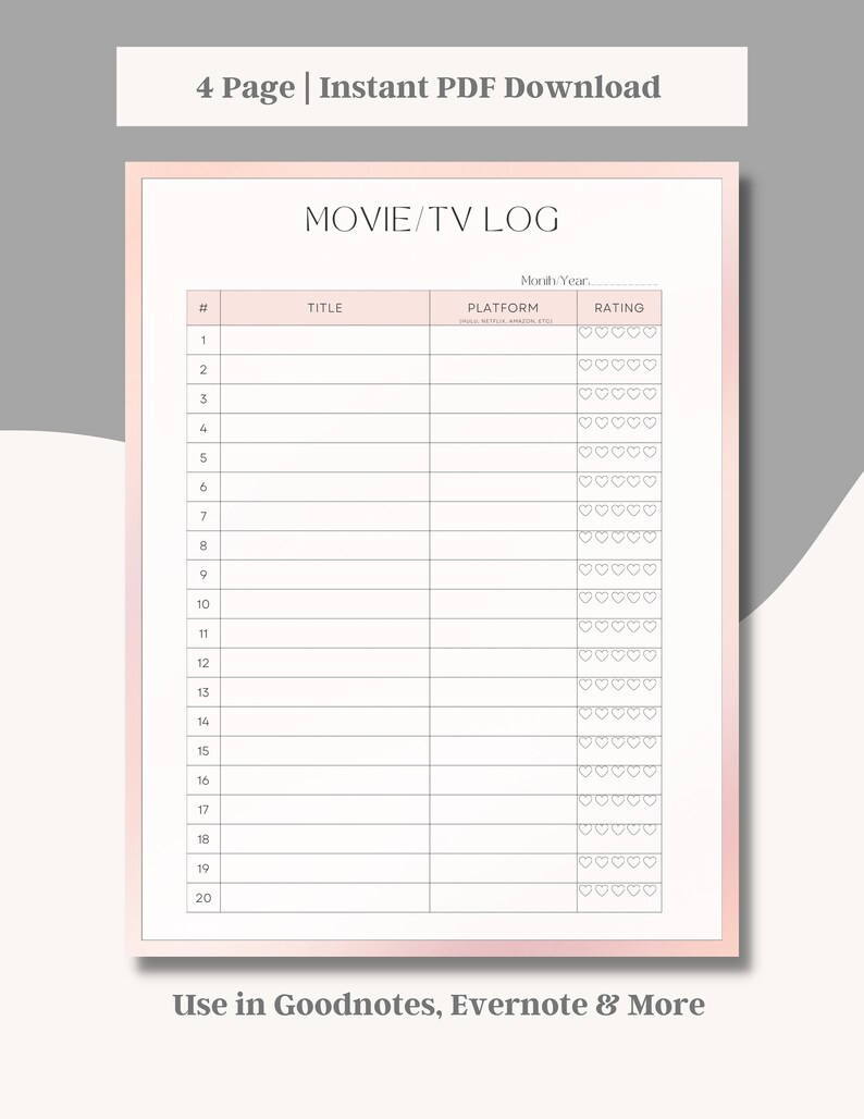 Movie Log PDF Printable Digital Download Movie Log - Etsy