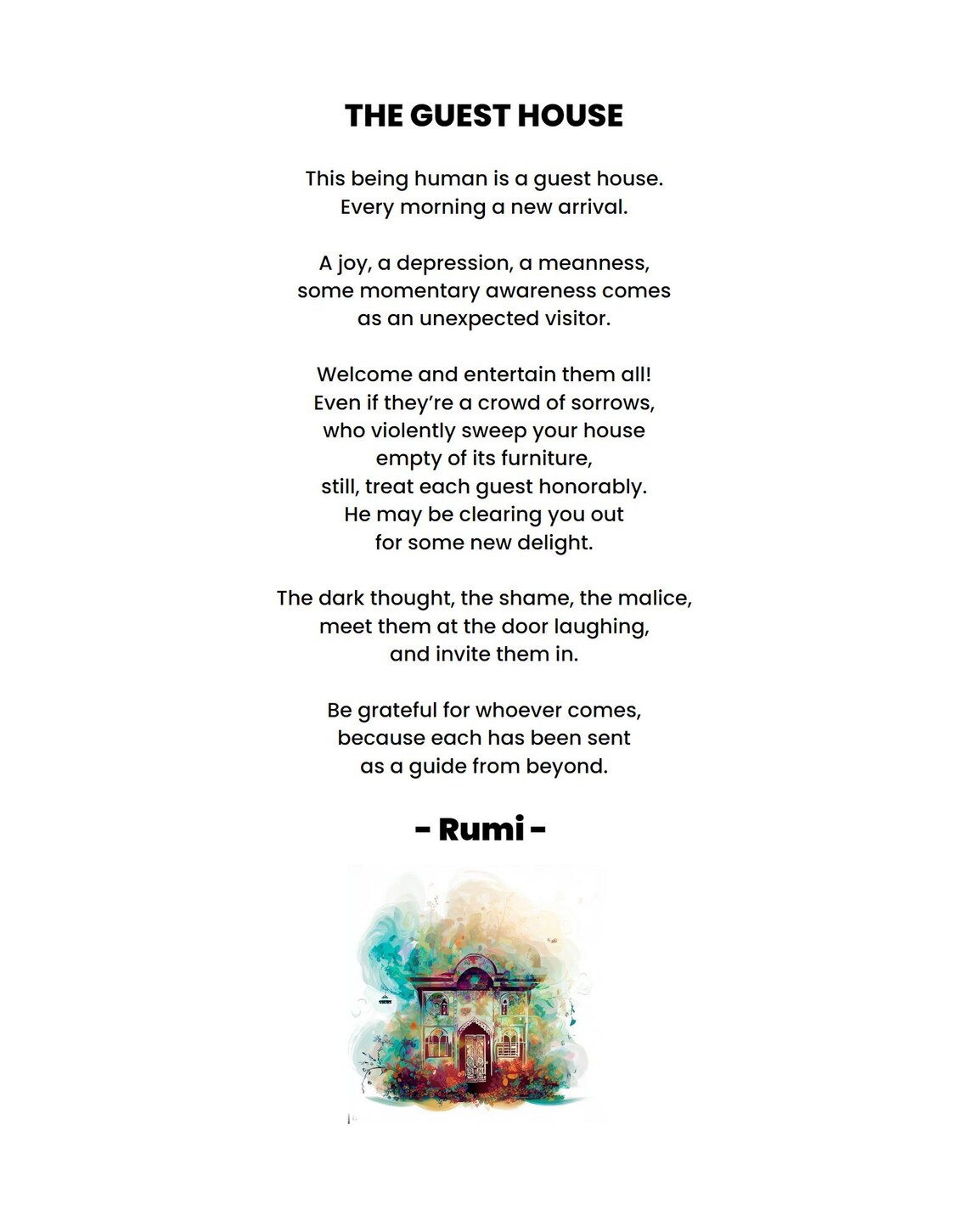 The Guest House Rumi, Instant Download, Rumi Art, Rumi Quotes, Rumi ...