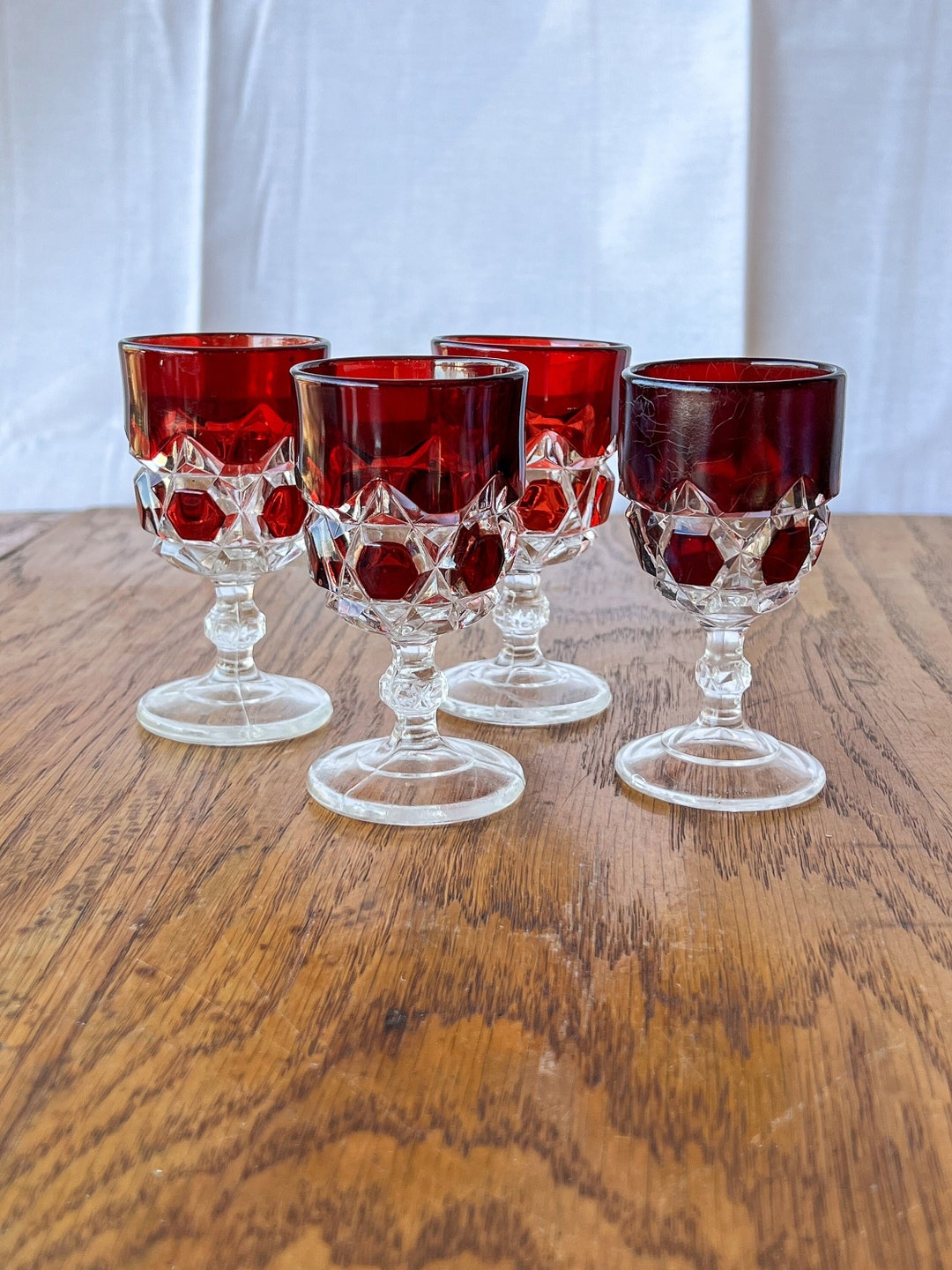 Vintage Bohemian Ruby Red Block Water Goblets, Stemmed Wine Sherry ...