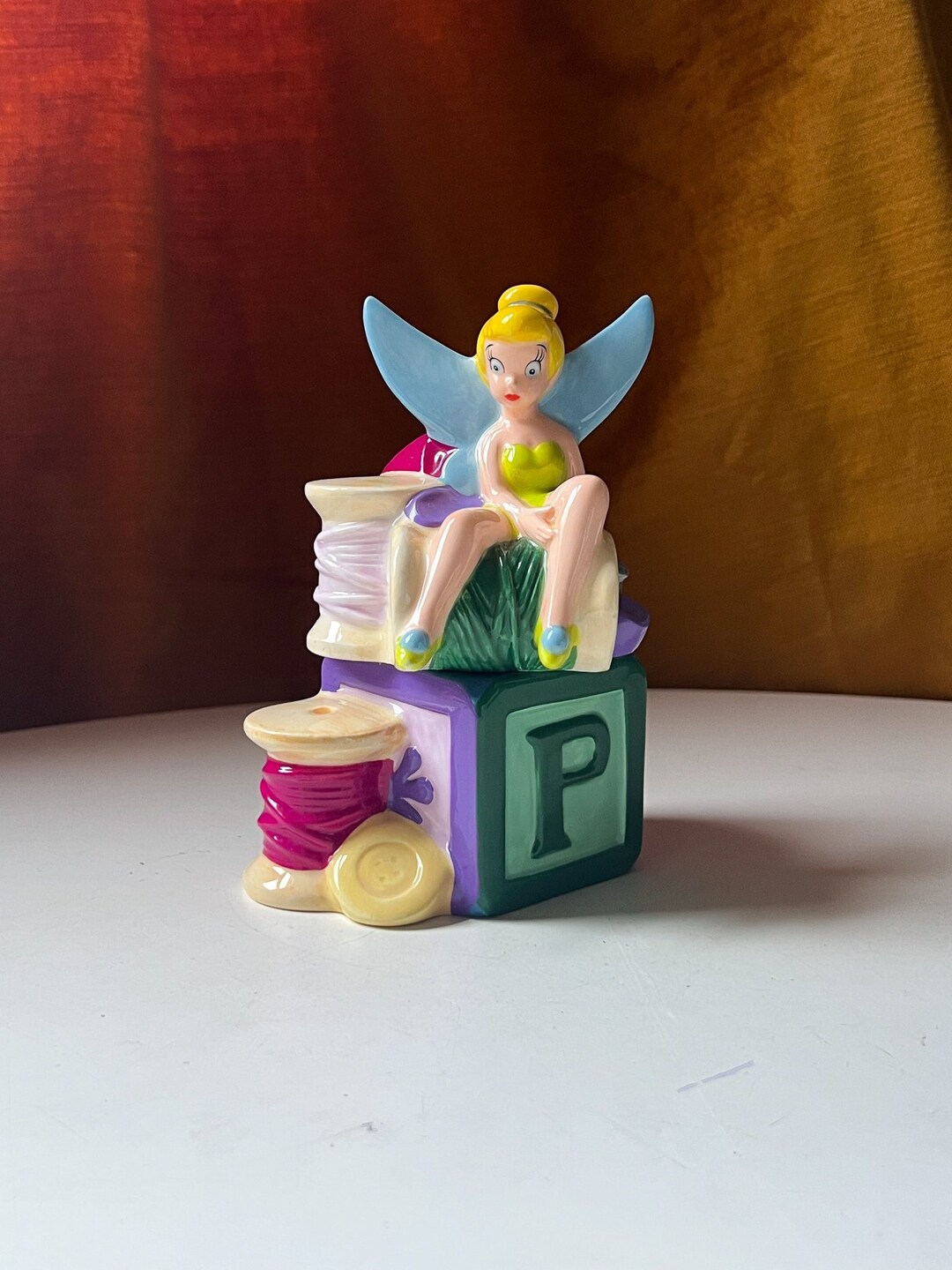 Vintage Tinker Bell on Block and Spool of Thread Salt & Pepper Shakers ...